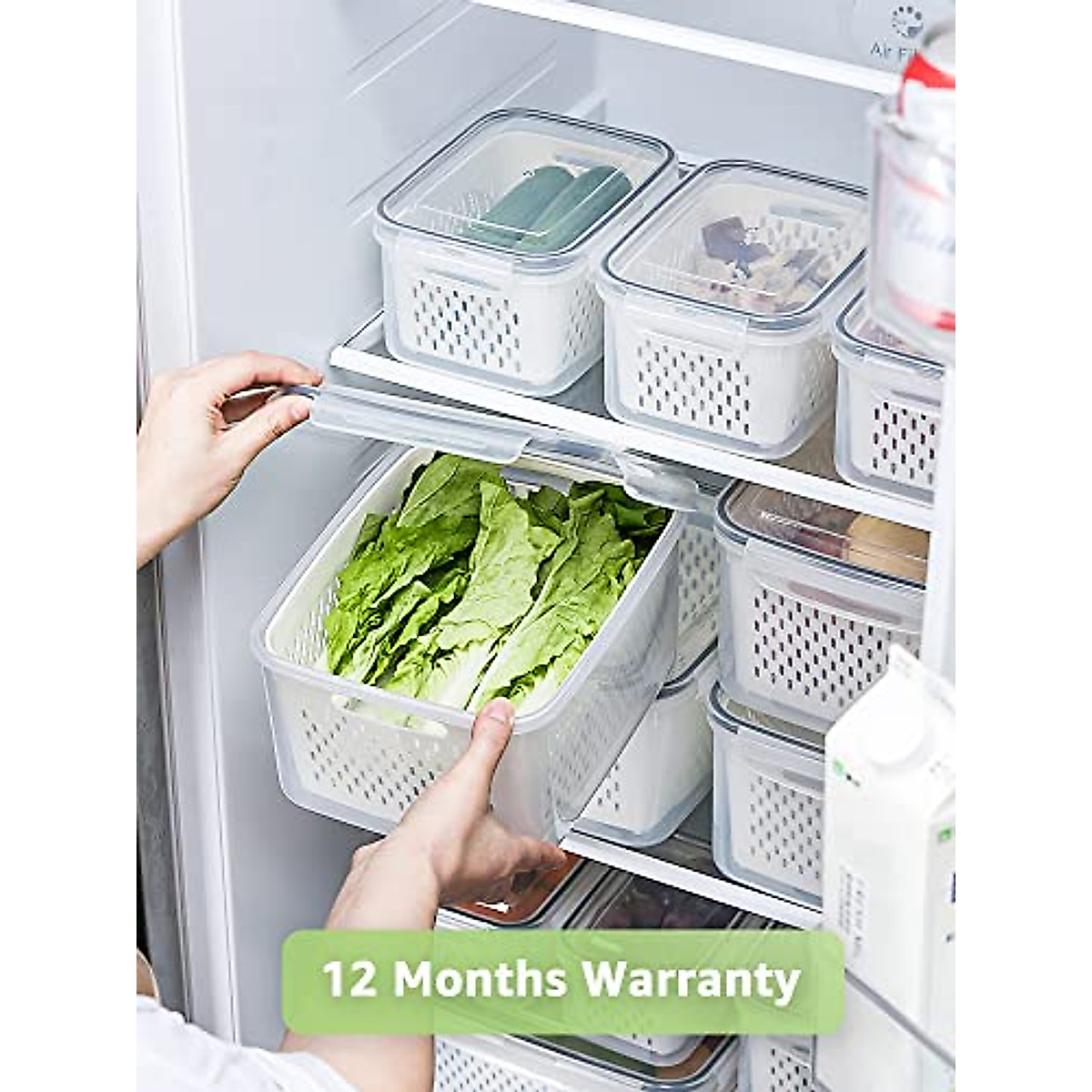COCOYA 5-Pack Large Fruit Containers for Fridge, Leakproof Produce Storage Keeper with Removable Colander Food Grade BPA FREE Keep Vegetables Berry Veggies Lettuce Apple Banana Meat Food Fresh Longer