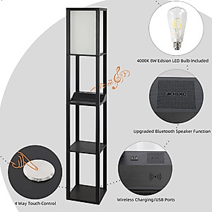Touch Control Shelf Floor Lamp With QI Wireless Charging Station, Modern Dimmable LED Floor Lamps with Shelves, 2 Fast Charging USB Ports , Skinny Standing Floor Lamp for Living Room, Bedroom (Black)
