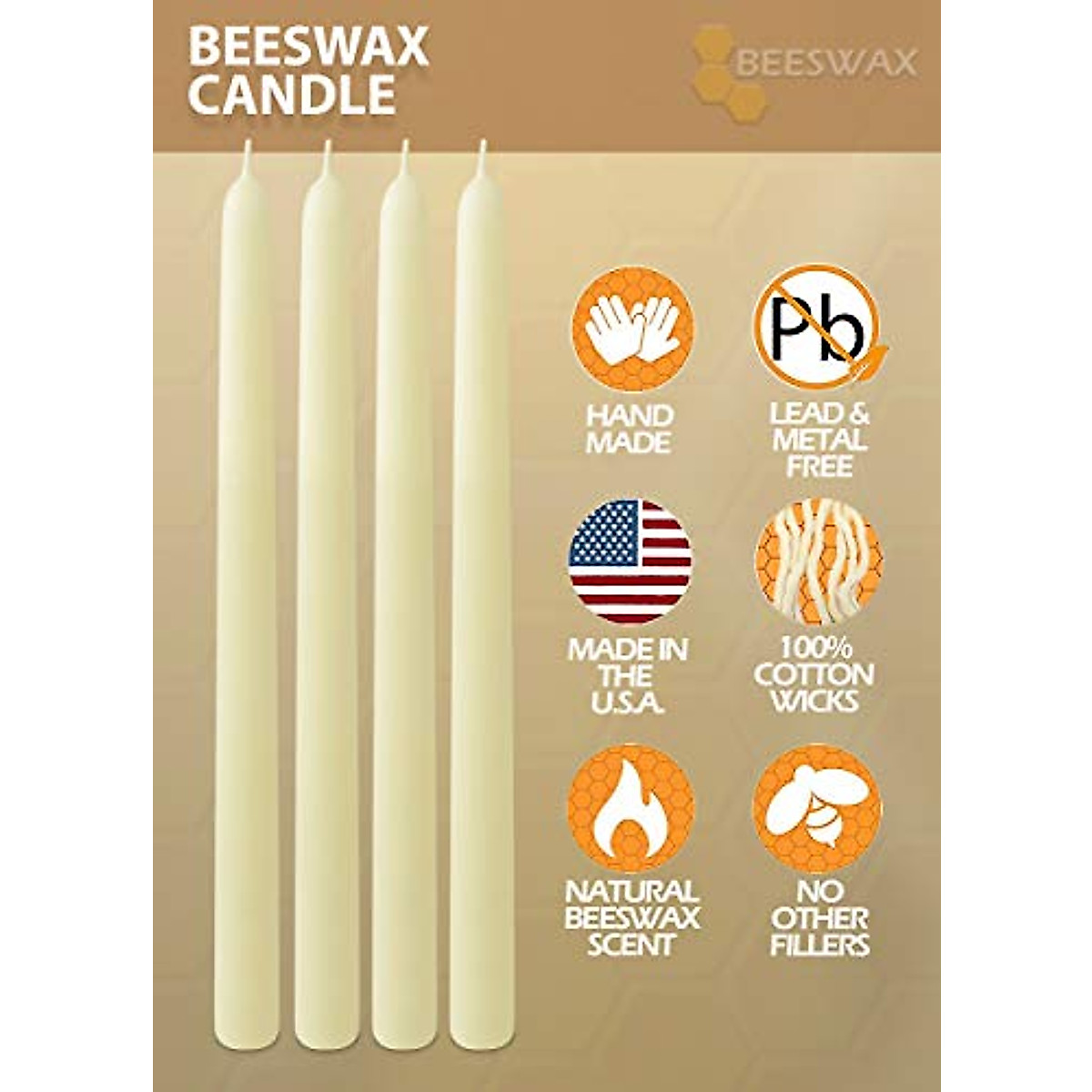Hyoola 16" Beeswax Taper Candles - 16 Hour Burn Time - White Beeswax Candles - 4 Pack