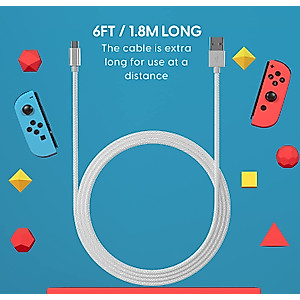 TALK WORKS Nintendo Switch Charger USB C Braided Nylon Cable Accessory - Extra Long 6' Flexible Charging Cord For Switch Lite / OLED (Silver)
