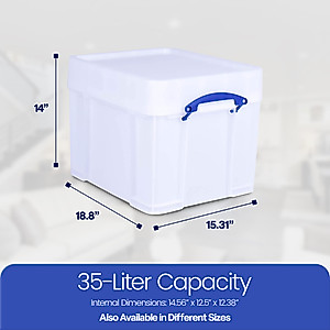 Really Useful Box 35 Liter Plastic Stackable Storage Container with XL Snap Lid & Built-In Clip Lock Handles for Home or Office Organization, White
