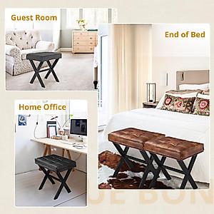 LUE BONA Vanity Stool, Square Faux Leather Makeup Stool with Metal X Legs, Small Ottoman Stool Chair for Vanity, Modern Padded Vanity Seat Foot Rest Stool for Makeup Room, Living Room, Black