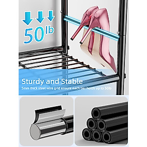 MWQ 6 Tier Shoe Rack Metal with Side Pocket, Sturdy Tall Shoe Organizer Storage Shelf for Closet, Black