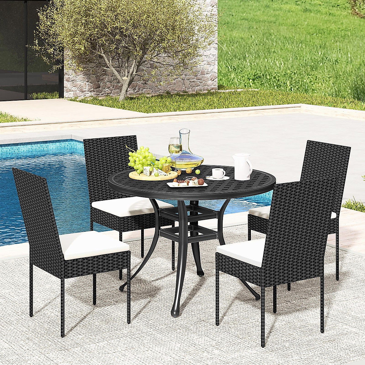 HAPPYGRILL Patio Rattan Dining Chairs Set of 2, Outdoor Armless Wicker Chairs with Cushions, High Backrest, Sturdy Metal Frame, Outside Dining Chairs for Porch Deck Yard Garden