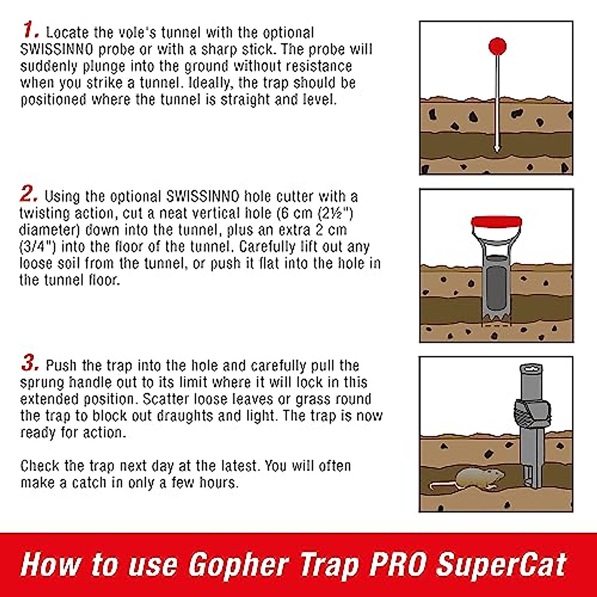 SWISSINNO Gopher & Vole Trap PRO SuperCat. Control Gophers, Voles + Field Mice, Unique Trigger Catch Action, Ultra-effective with High Catch Rates. Easy to Setup, Safe + Reusable. Made in Europe: 1x Trap, Gray