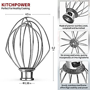 KITCHPOWER K45WW Wire Whip Attachment for Tilt-Head Stand Mixer for KitchenAid Stainless Steel Egg Cream Stirrer, Flour Cake Balloon Whisk