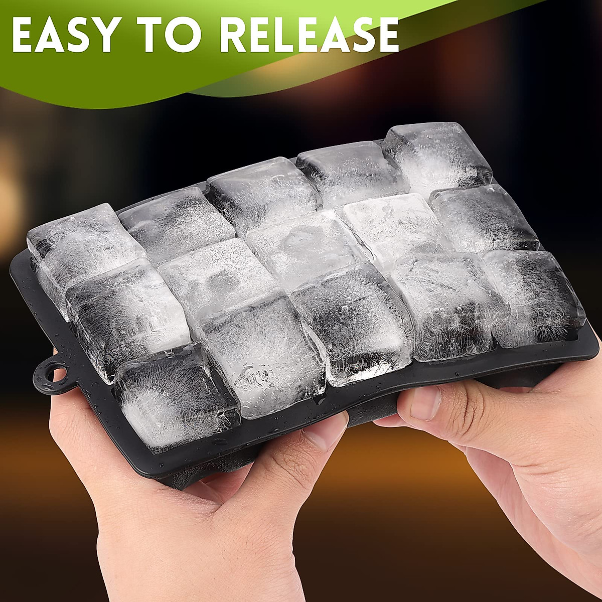 Silicone Ice Cube Trays with Lid,Sinnsally Large 3 Pack Silicone Baby Food Freezer Tray,15 Big Square Block Ice Cube Molds for Freezer Containers,Reusable Ice Maker for Cocktails,Whiskey(Black)