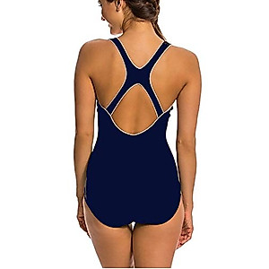 Speedo Women's One Piece Swimsuit,Keyhole Racerback, Moderate Cut Contrast Trim (Peacoat, Large)