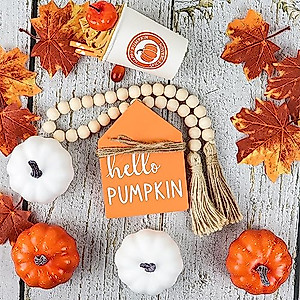 Fall Decor-Fall Decorations for Home-Pumpkin Spice Latte Cups-Artificial Pumpkins-Bead Garland and Wood Sign-Farmhouse Tiered Tray Items for Autumn Thanksgiving Harvest Decoration