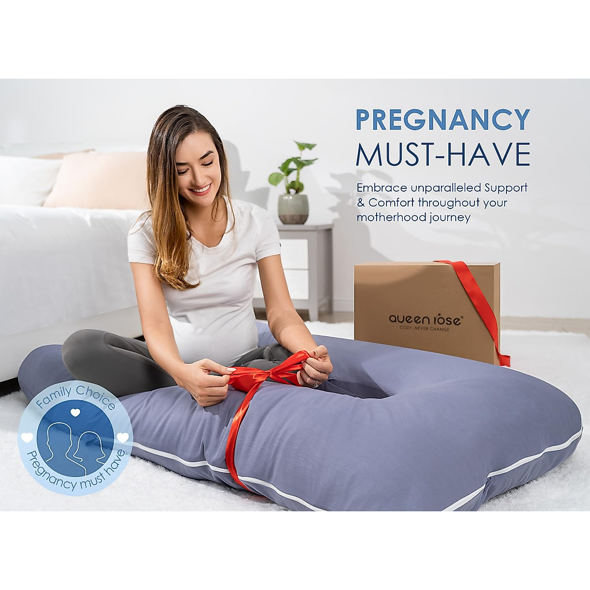 QUEEN ROSE Pregnancy Pillows, Cooling U Shaped Body Pillow for Sleeping, Maternity Pillow for Pregnant Women, Organic Cotton and Back Pain Relief, Grey