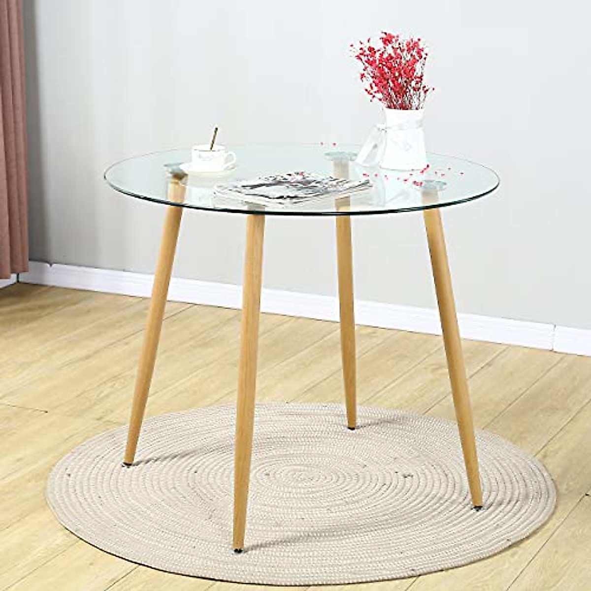 Round Dining Table - Modern Round Glass Dining Table Small Space Dining Room Table - Kitchen Table with Tempered Glass Tabletop and Metal Legs - Wood