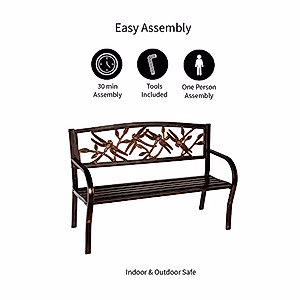 Evergreen Weatherproof Dragonfly Outdoor Bench | Holds Up to 300 lbs | Furniture for Lawn Garden Patio Porch Park Deck | Steel | Bronze