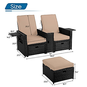 VUYUYU 5PCS Outdoor Wicker Chaise Lounge Chair - Rattan Adjustable Reclining Patio Lounge Chair with Ottoman and Coffee Table, for Patio Beach Pool Backyard (Black Wicker Khaki Cushion)