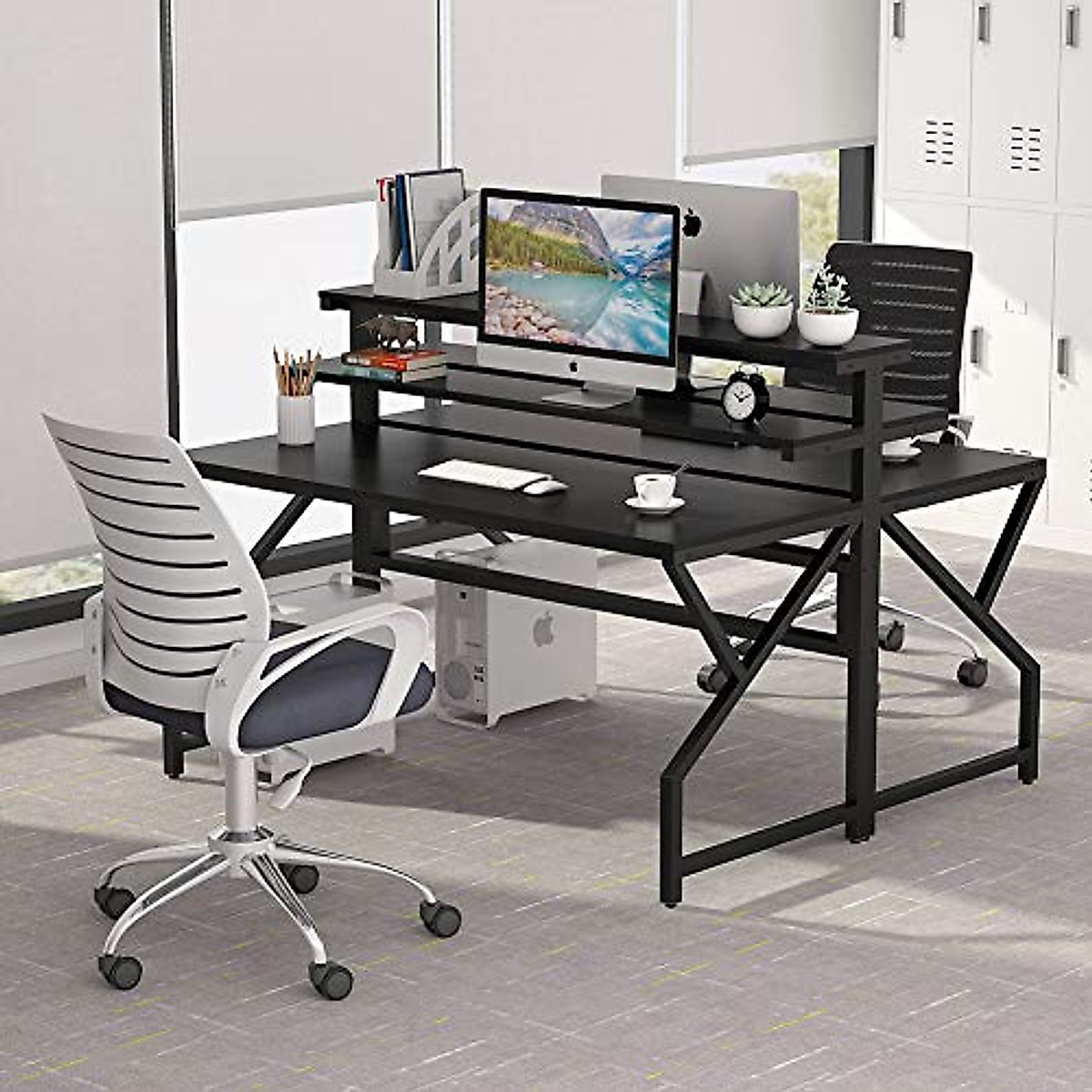 Tribesigns Office Desk with Monitor Stand, 55 Inch Large Modern Computer Desk Gaming Table Studying Writing Desk Workstation with Hutch for Office & Home Office, Black