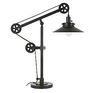 Henn&Hart 29" Tall Wide Brim/Pulley System Table Lamp with Metal Shade in Blackened Bronze/Blackened Bronze, Laptop Desk, Computer Desk, Home Office