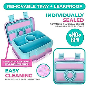 Kids Bento Lunch Box, Meal Prep Containers: Reusable, Leakproof Container Lunch Boxes For Kids & Adults Lunches, 4 Compartment - School, Daycare, Portion Control Container Utensils Purple Rainbow