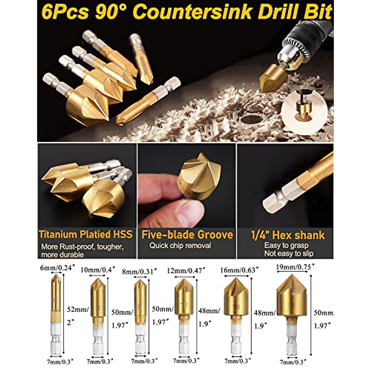 Rocaris 39 Pack Woodworking Chamfer Drilling Tools, Including Countersink Drill Bits, L-Wrench, Wood Plug Cutter, Step Drill Bit, Center Punch, Drill Stop Bit Collar Set, Twist Drill Bit Tool