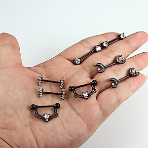 FINREZIO 4Pairs 14G Nipple Rings 316L Surgical Steel Moon Flower Nipple Tongue Ring Barbell Piercing for Women Body Piercing Jewelry