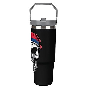 Serbian Serb Flag Skull 30 OZ Insulated Tumblers with Handle And Straw Leakproof Vacuum Insulated Stainless Steel Water Bottle for Car Fishing Travel