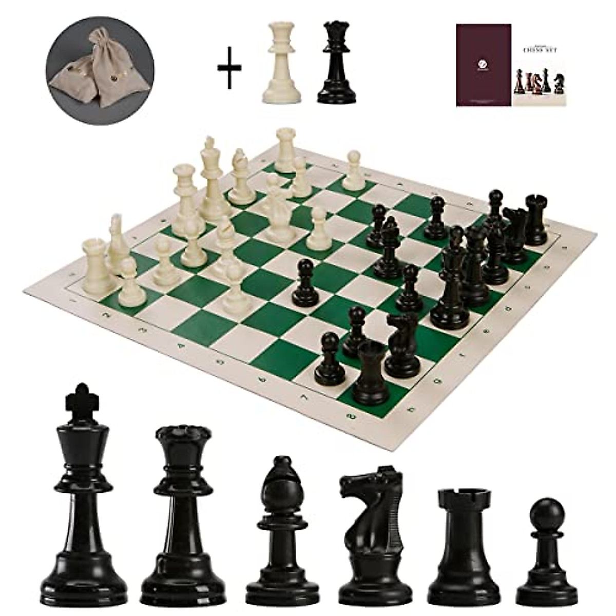 ZOOCEN Chess Set - Plastic Chess Pieces and Green Roll-Up Vinyl Chess Board Foldable Chess Game (with Extra Queen)