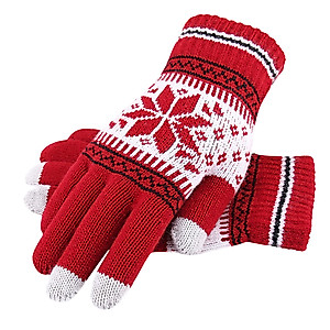 Snowflake Pattern Knitting Gloves for Women and Men Winter Warm Mittens Full Finger Touchscreen Texting Gloves (Red, One Size)