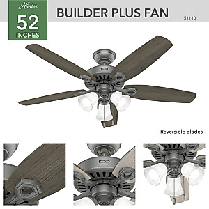 Hunter Fan Company 51110 Builder Indoor Ceiling Fan with LED Light and Pull Chain Control, 52", Matte Silver Finish