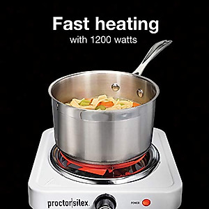 Proctor Silex Electric Single Burner Cooktop, Compact and Portable, Adjustable Temperature Hot Plate, 1200 Watts, 34106, White & Stainless