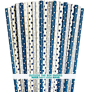 Navy Blue Silver and White Paper Straws - Polka Dot - 7.75 Inches - Pack of 100- Outside the Box Papers Brand