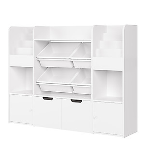 finetones 50'' Large Toy Storage Organizer with 4 Toy Bins, Toy Organizers and Storage with 6 Storage Cubbies and 2 Movable Drawers, Bookshelf for Kids, Playroom Organization and Storage Bins, White