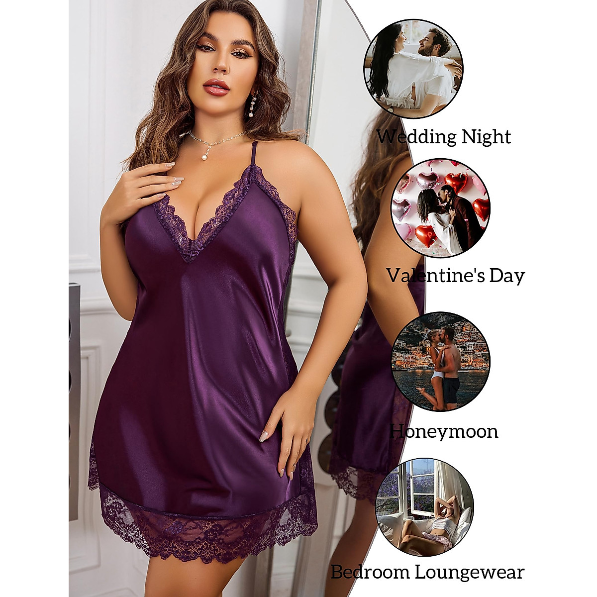 Avidlove Women Lingerie Plus Size Satin Lace Chemise Nightgown Sexy Full Slips Sleepwear Large-4X-Large (XXX-Large, 1 Purple)