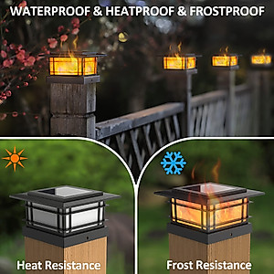 Dynaming 4 Pack Solar Flame Post Lights Outdoor, Solar Powered Fence Post Cap Lights, High Brightness Flickering Flame SMD LED Lighting Decor for Garden Deck Patio, 4x4, 5x5 or 6x6 Vinyl/Wooden Posts