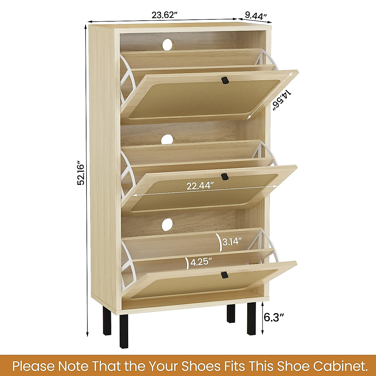 DKLGG Shoe Cabinet with 3 Flip Drawers, Rattan Entryway Shoe Storage Cabinet, Freestanding Wooden Shoe Rack Storage Cabinet with Metal Legs, Narrow Hidden Shoe Organizer for Entryway Hallway Mudroom