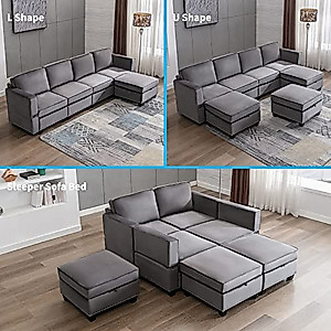 Horgaeo Sectional Sofa, 7-Seat Convertible L-Shaped Chaise Sofa Bed with Angle-Adjustable Backrest/Storage Ottoman Modern Couch Velvet Fabric Living Room(Dark Grey)