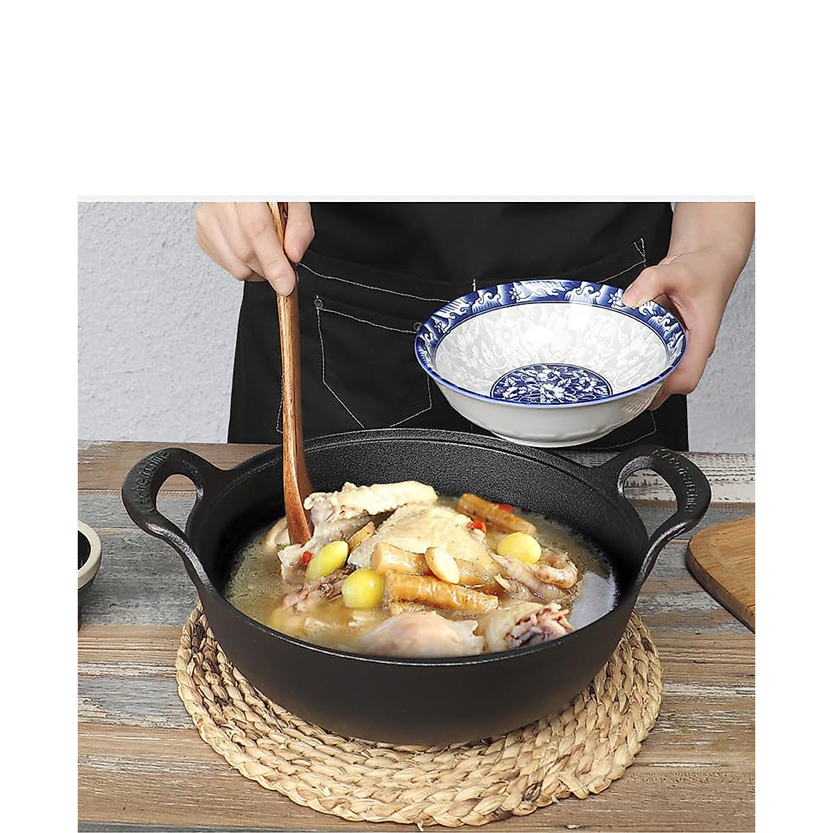 Firequasar Cast Iron Wok with Loop Handle, Large Wok Stir with Dual Handle, Pre-Seasoned Woks & Stir-Fry Pans (11" inch)