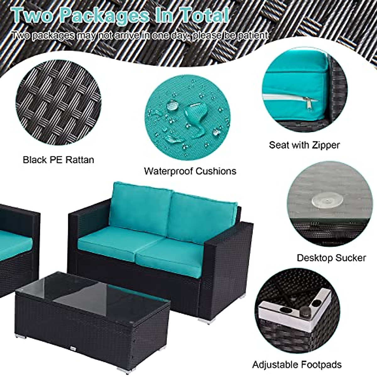 Peach Tree 4 PCs Outdoor Wicker Rattan Sofa Set Armrest Sofa with Coffee Table Patio Furniture Sectional Set with Washable Removable Cushions Backyard Pool