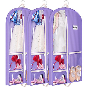 MISSLO Dance Garment Bags for Dancers 40" Hanging Dance Costume Garment Bag Kids Garment Bags with 3 Zippered Pockets Storage for Girls Competition, Travel, 3 Packs, Purple