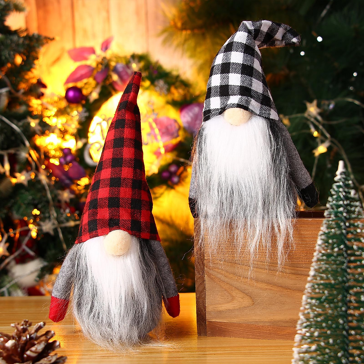 BSSN 2PCS Christmas Gnome Plush Decorations, Buffalo Check Handmade Scandinavian Tomte - Christmas Home Tabletop Elf Gnomes Decor Ornaments