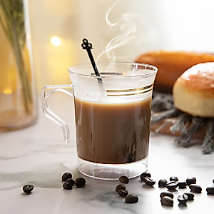 Nervure 60 Pack Clear Gold Plastic Coffee Mugs with 60 PCS Black Coffee Stirrers - 8oz Disposable Coffee Cups with Handles & 5inch Coffee Stirrers - Plastic Tea Cups with Gold Rim for Party