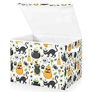 innewgogo Happy Halloween Pumpkins Cat Owl Skull Storage Bins with Lids for Organizing Closet Organizers with Handles Oxford Cloth Storage Cube Box for Books