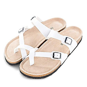 TF STAR Adjustable Sandals, Flat Leather Casual Slippers for Women & Ladies, Flip-Flops Ring Open-Toe Slide Cork Footbed for Teenagers/Girls