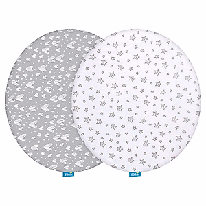 Bassinet Sheets Compatible with Fisher-Price On-The-Go Baby Dome, 2 Pack, 100% Jersey Knit Cotton Fitted Sheets, Breathable and Heavenly Soft, Grey Hearts and White Stars Print for Baby