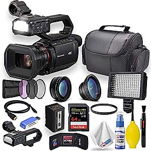Panasonic HC-X2000 UHD 4K 3G-SDI/HDMI Pro Camcorder with 24x Zoom W/UV and HD Filter Kit + Soft Case + Sandisk Extreme Pro 64GB Card + LED Light + HDMI Cable + Clean and Care Set + More