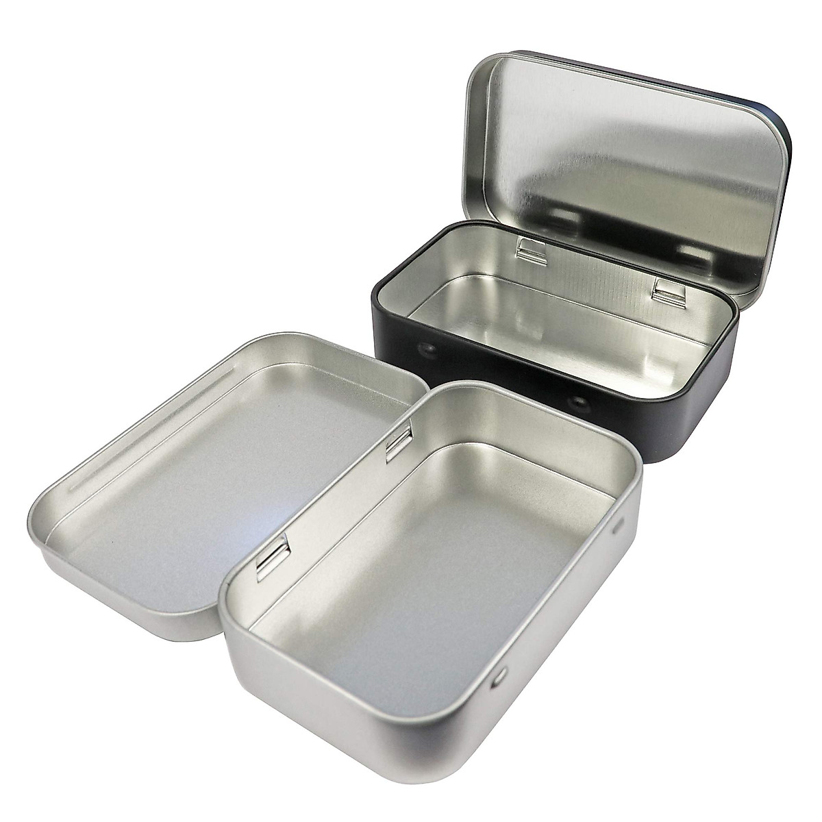 4 Pack Metal Rectangular Empty Hinged Tins Box Containers 3.75 by 2.45 by 0.8 Inch Silver & Black Mini Portable Box Small Storage Kit Home Organizer (2 Black 2 Silver)