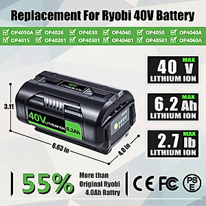 FSKE 2Pack 6.2Ah 40V Battery Replacement for Ryobi 40V Battery OP4050 OP4040 OP40601, Compatible with All Ryobi 40V Cordless Power Tools