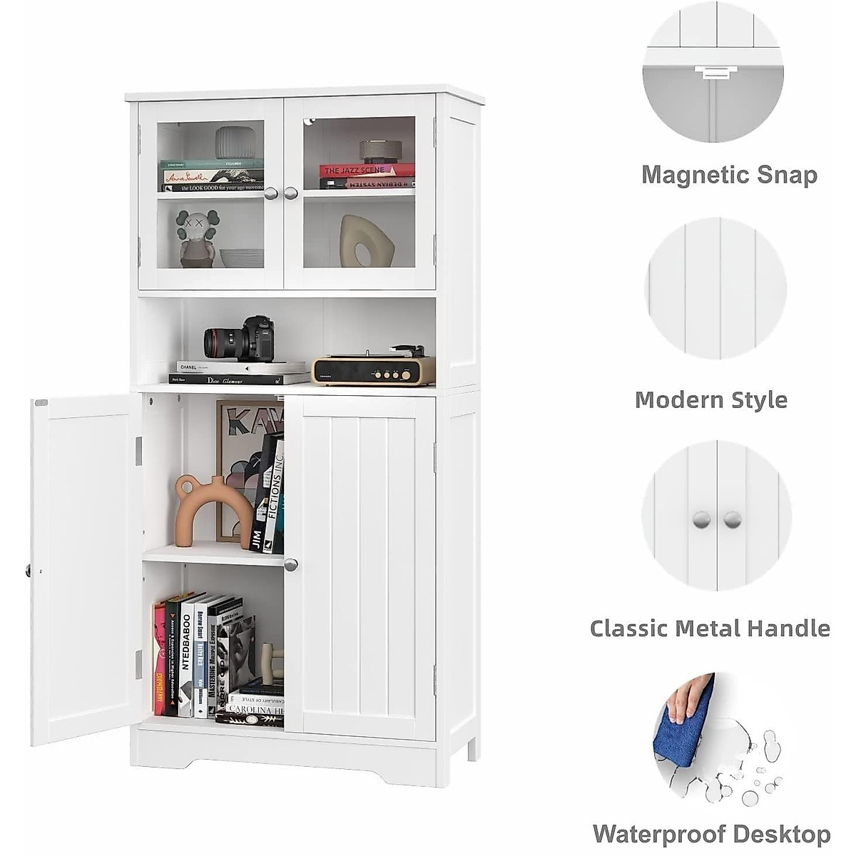 Irontar Bathroom Cabinet, Bathroom Floor Cabinet with Open Shelf, Large Display Cabinet with Doors, Kitchen Cupboard, Storage Cabinet for Living Room, 23.6 x 11.8 x 50.4 Inches White CWG006W