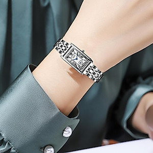 FANMIS Retro Women Watches Fashion Square Ultra-Thin Minimalist Ladies Dress Bracelet Watch Crystal Analog Quartz Watch Simple Waterproof Wristwatch Stainless Steel Band (Y Silver White)