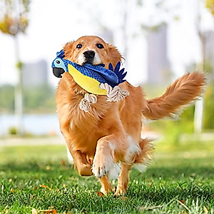 Squeaky Crinkle Dog Plush Toy, Cute Animal with Stuffed Cotton and Rope Knot Legs, Interactive Fun Chew & Play Toy for Puppy Small Medium and Large Breed Holiday Birthday Gift (Blue Parrot)
