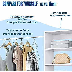 MC Modular Closets Closet Shelves Tower With Hanging Kit - Built In Organizer System Corner Organizers And Storage Shelves Shelving Expands From 52'' 120'' (EXTW-AS-25.5) (Shelves and Drawers), White