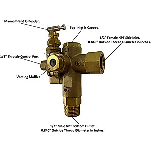 1/2" NPT Side Inlet, All in One Pilot Unloader Check Valve, Includes Throttle Control Cable for 6.5HP Max Gas Compressors (140-175 PSI, 36" Throttle Control Cable & Unloader Valve)