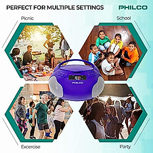 Philco Portable CD Player Boombox with Speakers and AM FM Radio | Purple Boom Box CD Player Compatible with CD-R/CD-RW and Audio CD | 3.5mm Aux Input | Stereo Sound | LED Display | AC/Battery Powered